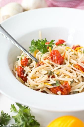 Quinoa Spaghetti with Roasted Tomatoes, Capers and Pine Nuts (GF)