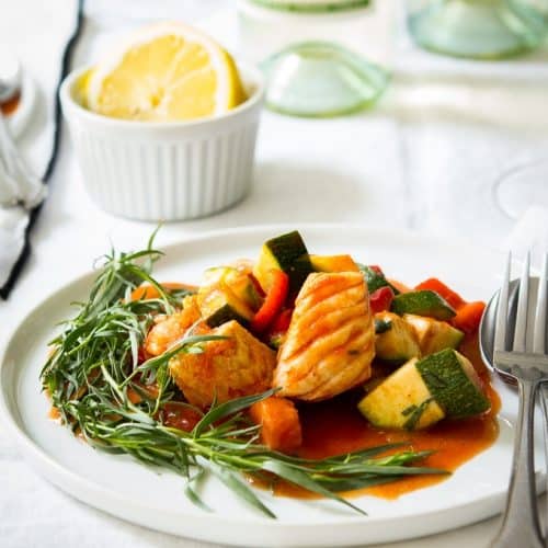 Braised Cod with Summer Vegetables (low carb, gluten free)